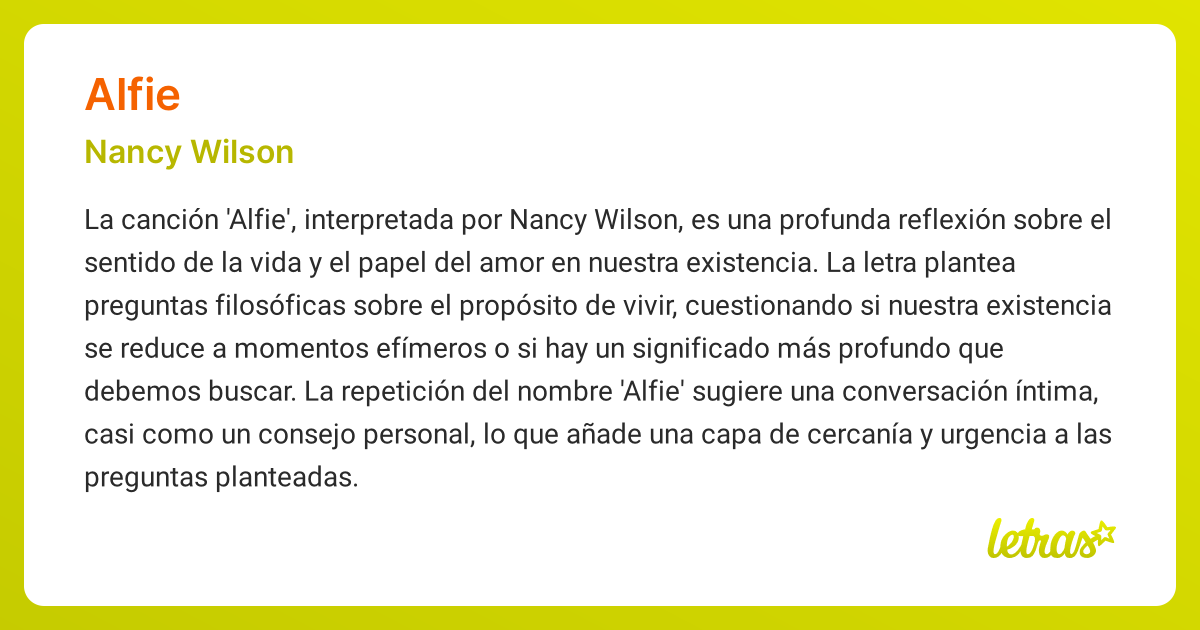 Significado de la canción ALFIE (Nancy Wilson) - LETRAS.COM