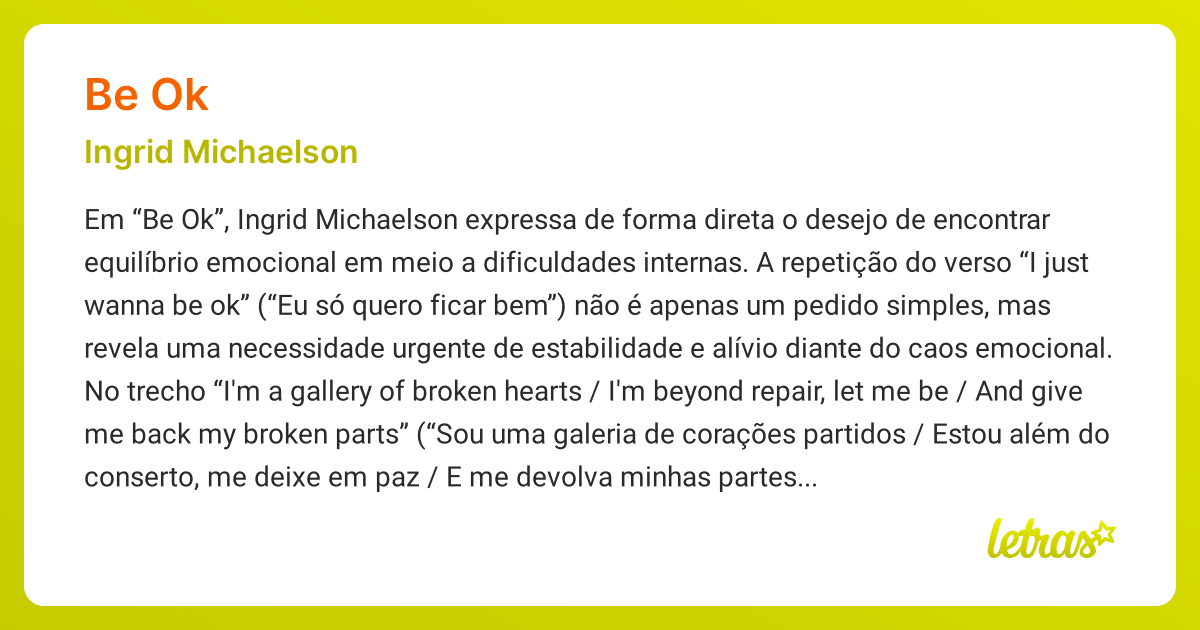 Significado da música BE OK (Ingrid Michaelson) - LETRAS.MUS.BR