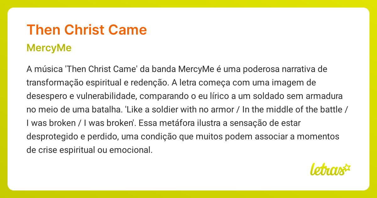 Significado da música THEN CHRIST CAME (MercyMe) - LETRAS.MUS.BR