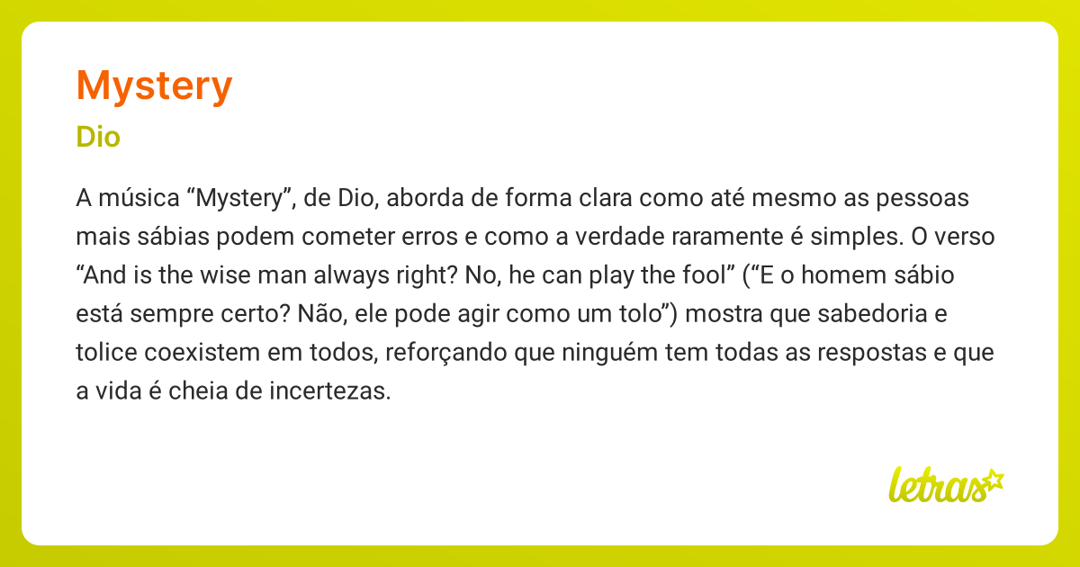 Significado da música MYSTERY (Dio) - LETRAS.MUS.BR