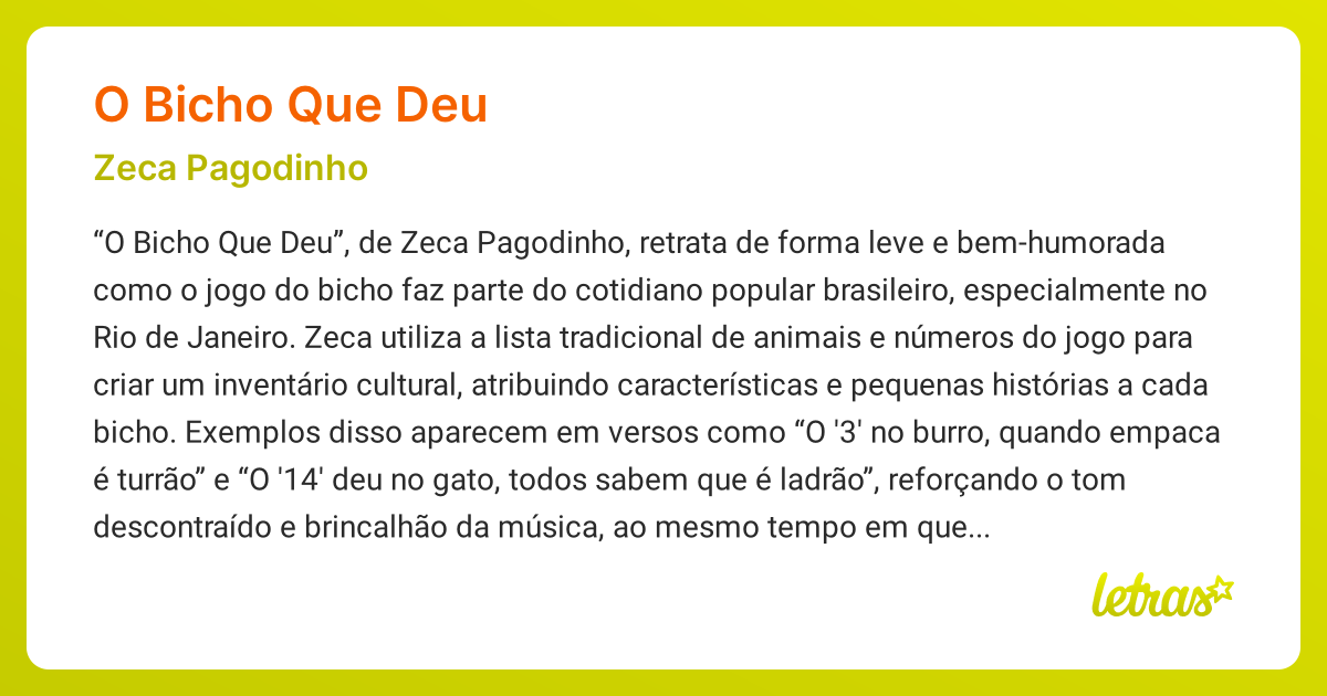 Significado da música O BICHO QUE DEU (Zeca Pagodinho) - LETRAS.MUS.BR