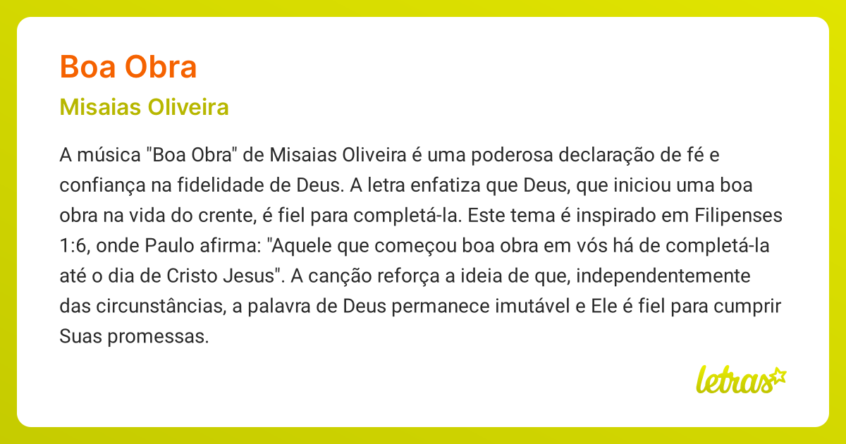 Significado da música BOA OBRA (Misaias Oliveira) - LETRAS.MUS.BR