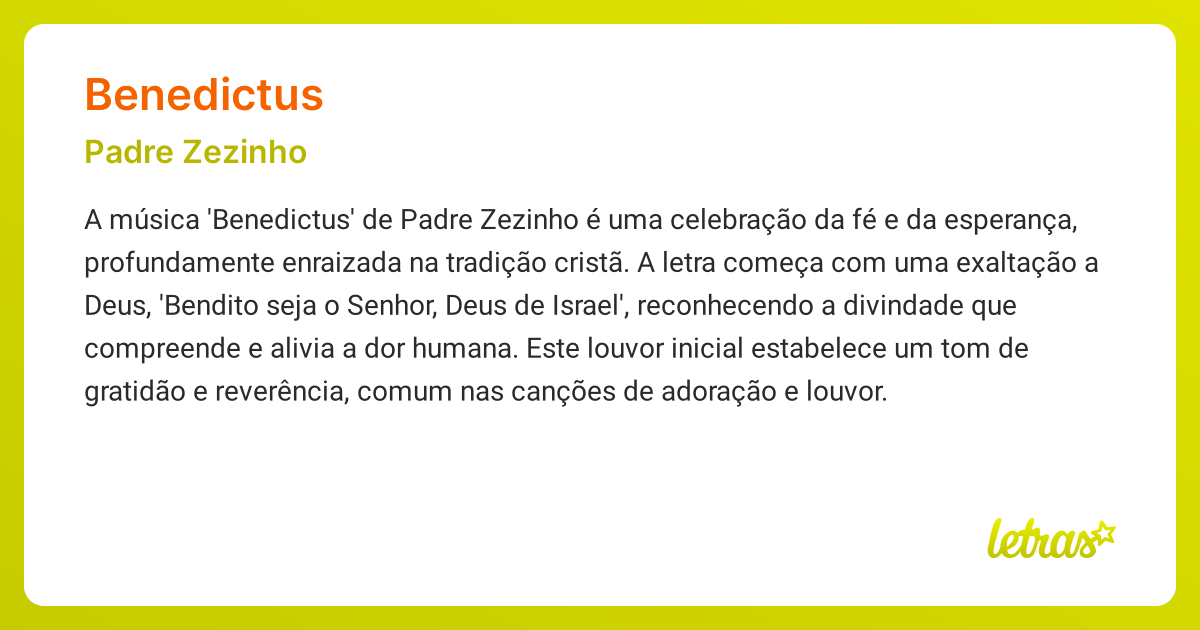 Significado da música BENEDICTUS (Padre Zezinho) - LETRAS.MUS.BR