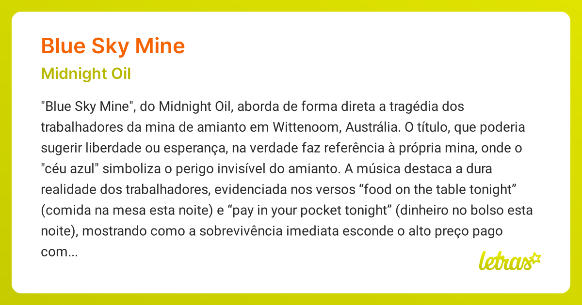 Significado da música BLUE SKY MINE (Midnight Oil) - LETRAS.MUS.BR