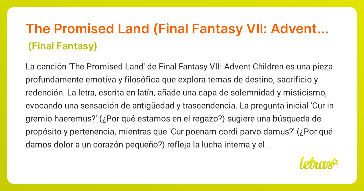 Significado de la canción The Promised Land (Final Fantasy VII: Advent ...