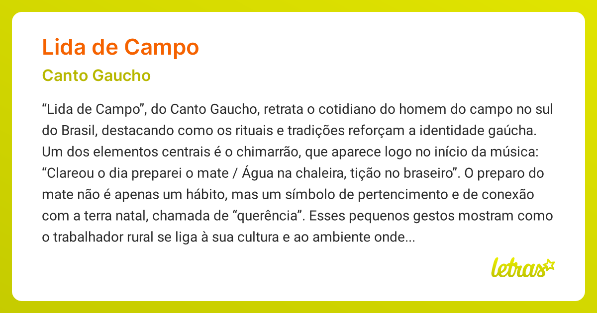 Significado da música LIDA DE CAMPO (Canto Gaucho) - LETRAS.MUS.BR