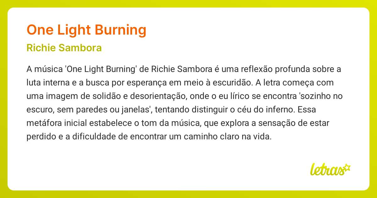 Significado da música ONE LIGHT BURNING (Richie Sambora) - LETRAS.MUS.BR