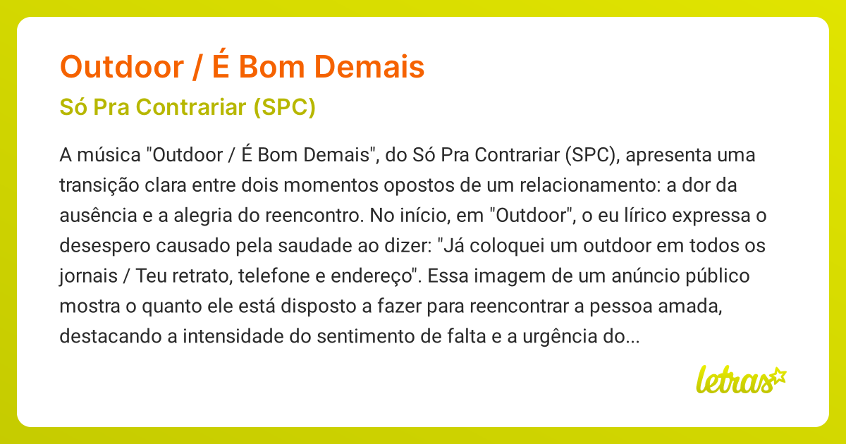 Significado da música OUTDOOR / É BOM DEMAIS (Só Pra Contrariar (SPC ...