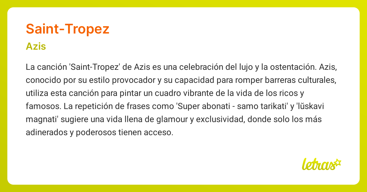 Significado de la canción SAINT-TROPEZ (Azis) - LETRAS.COM