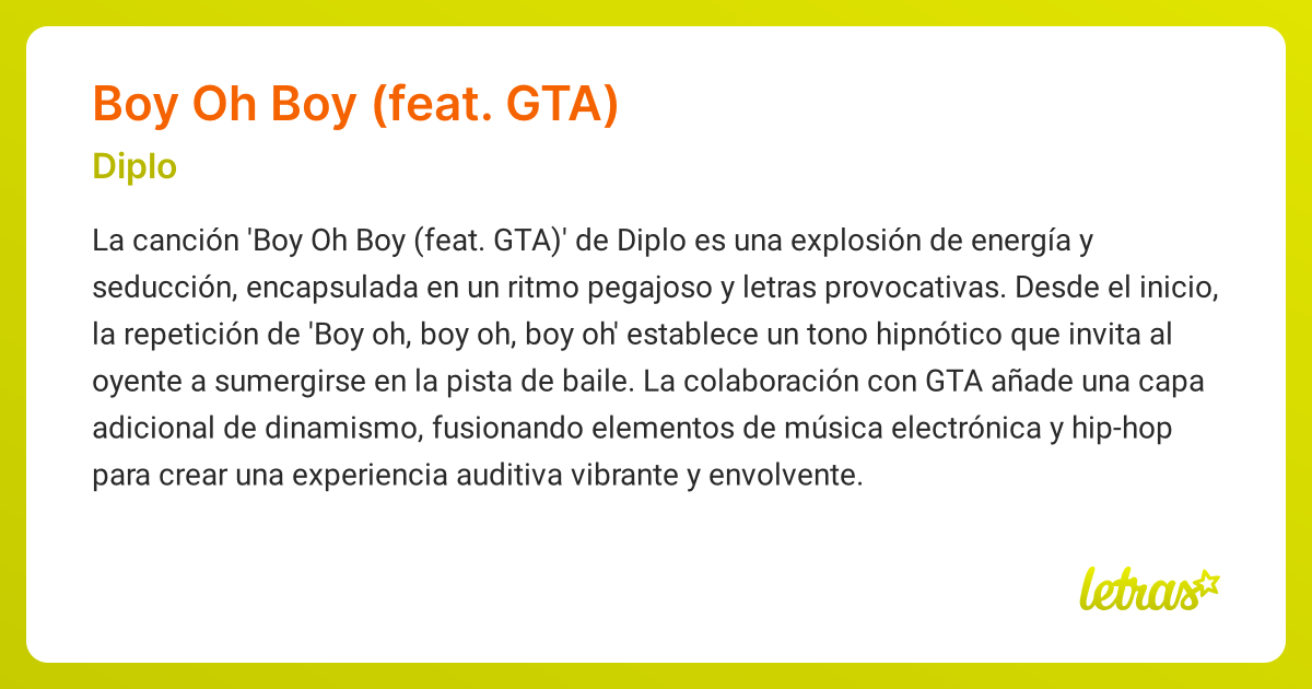 Significado de la canción BOY OH BOY (FEAT. GTA) (Diplo) - LETRAS.COM