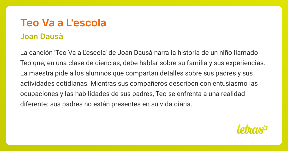 Significado de la canción TEO VA A L'ESCOLA (Joan Dausà) - LETRAS.COM