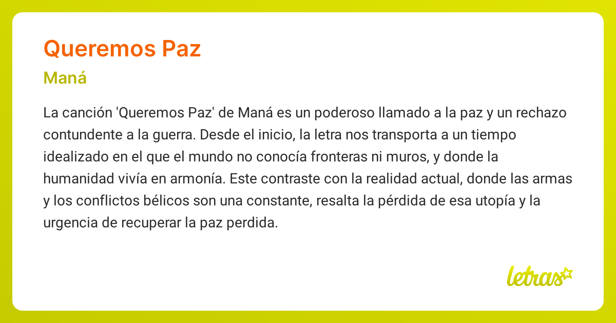 Significado de la canción QUEREMOS PAZ (Maná) - LETRAS.COM