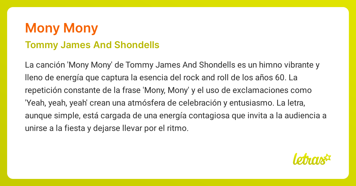 Significado de la canción MONY MONY (Tommy James And Shondells ...