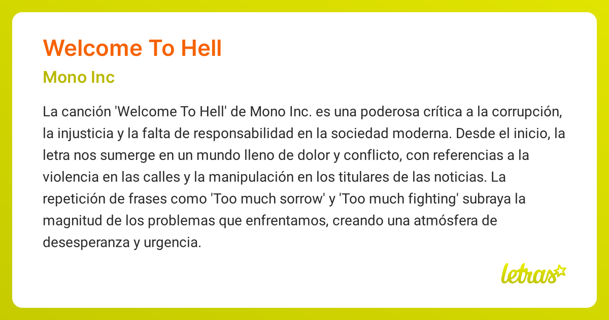 Significado de la canción WELCOME TO HELL (Mono Inc) - LETRAS.COM