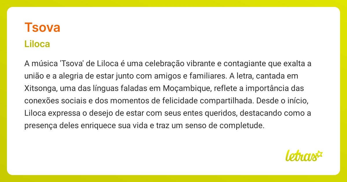 Significado da música TSOVA (Liloca) - LETRAS.MUS.BR