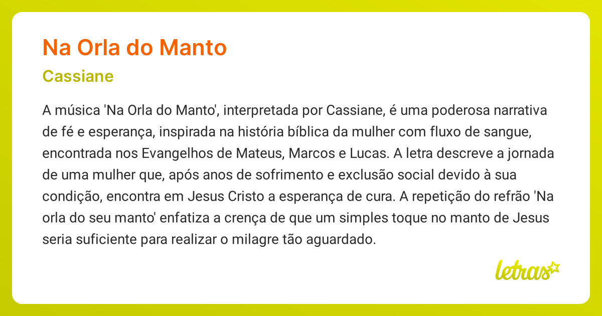 Significado da música NA ORLA DO MANTO (Cassiane) - LETRAS.MUS.BR