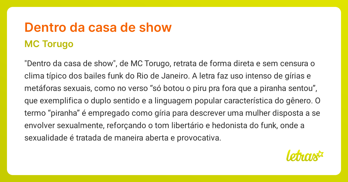 Significado da música DENTRO DA CASA DE SHOW (MC Torugo) - LETRAS.MUS.BR