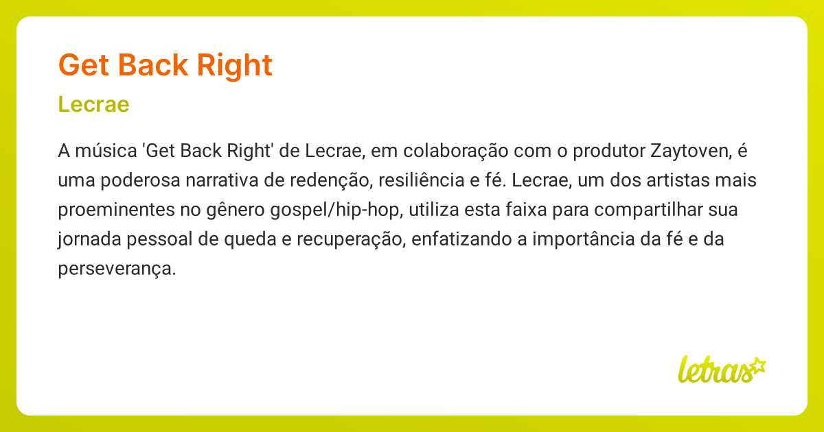 Significado da música GET BACK RIGHT (Lecrae) - LETRAS.MUS.BR