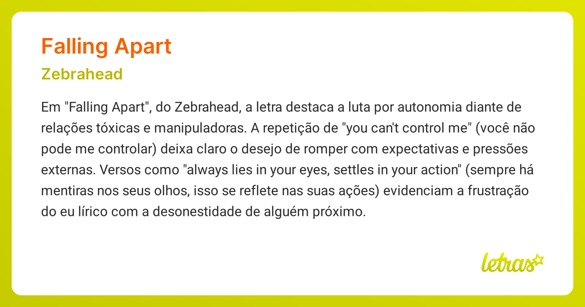 Significado da música FALLING APART (Zebrahead) - LETRAS.MUS.BR