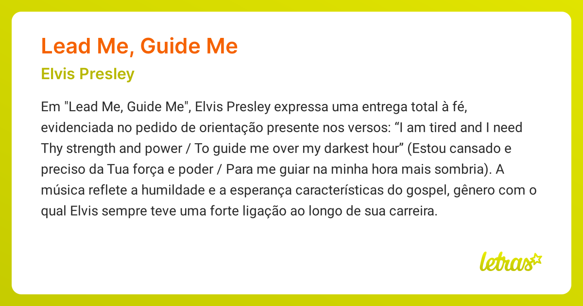 Significado da música LEAD ME, GUIDE ME (Elvis Presley) - LETRAS.MUS.BR