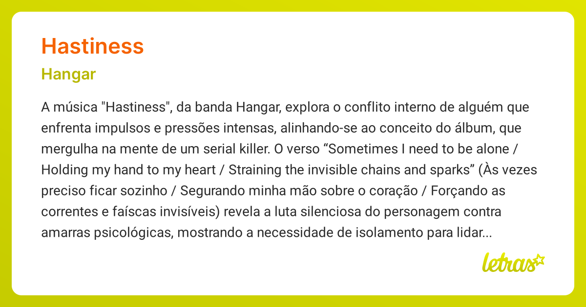 Significado da música HASTINESS (Hangar) - LETRAS.MUS.BR