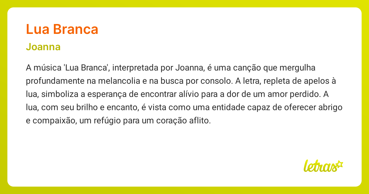 Significado da música LUA BRANCA (Joanna) - LETRAS.MUS.BR