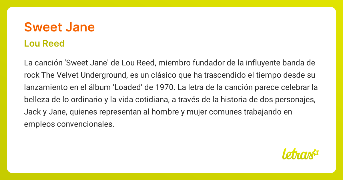 Significado de la canción SWEET JANE (Lou Reed) - LETRAS.COM