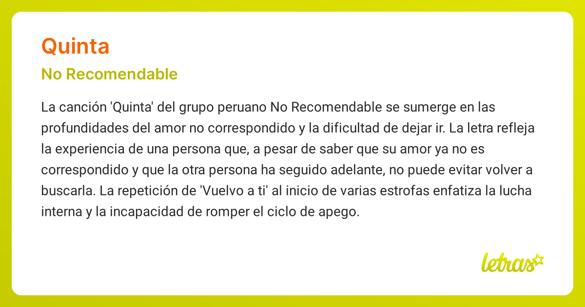 Significado de la canción QUINTA (No Recomendable) - LETRAS.COM