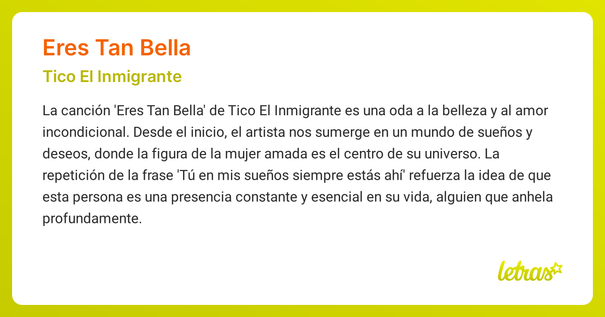 Significado de la canción ERES TAN BELLA (Tico El Inmigrante) - LETRAS.COM