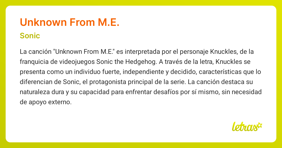 Significado de la canción UNKNOWN FROM M.E. (Sonic) - LETRAS.COM