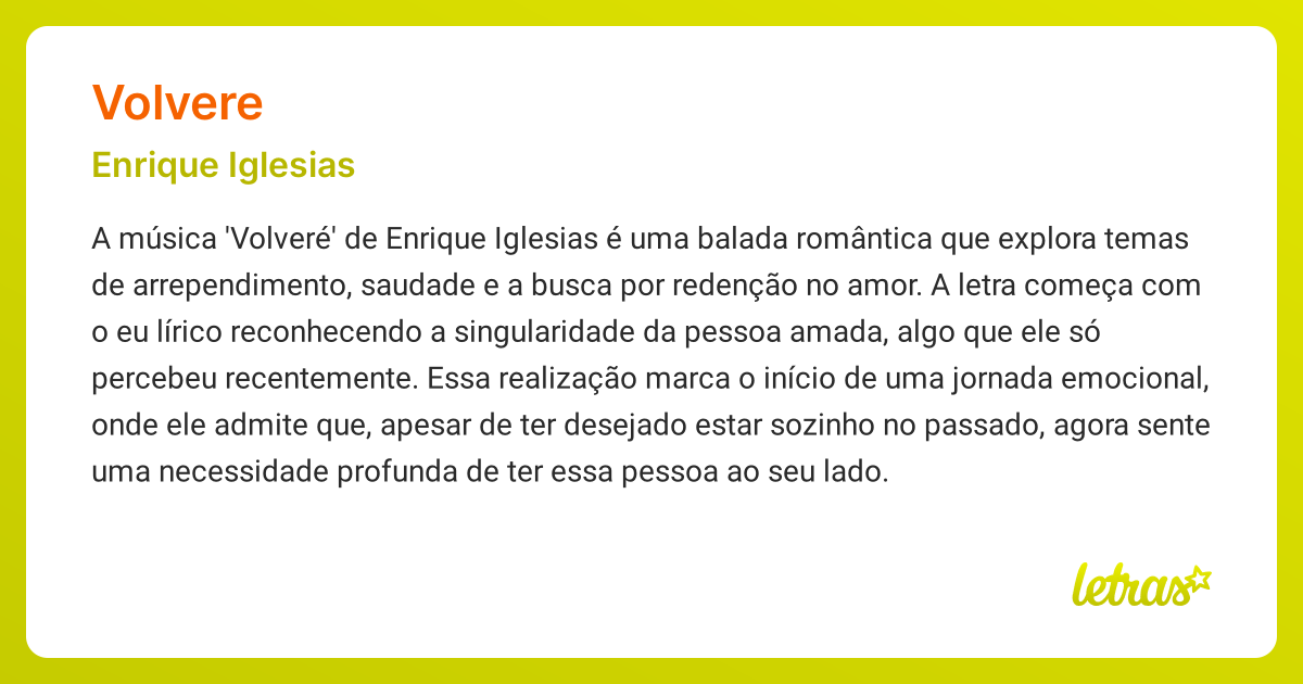 Significado da música VOLVERE (Enrique Iglesias) - LETRAS.MUS.BR