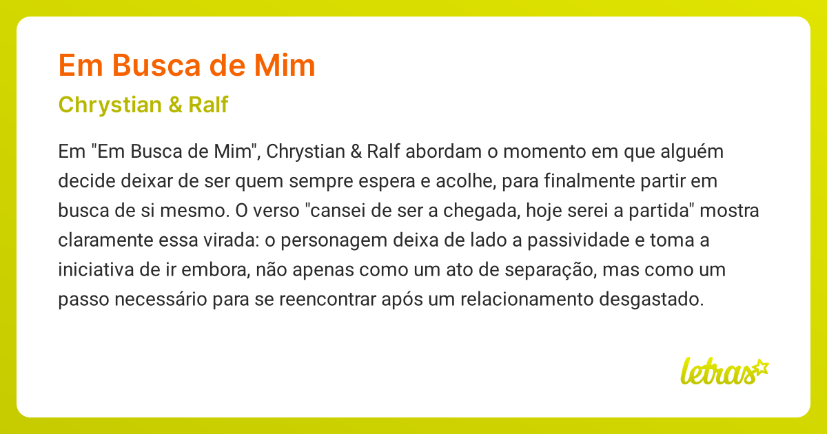 Significado da música EM BUSCA DE MIM (Chrystian & Ralf) - LETRAS.MUS.BR