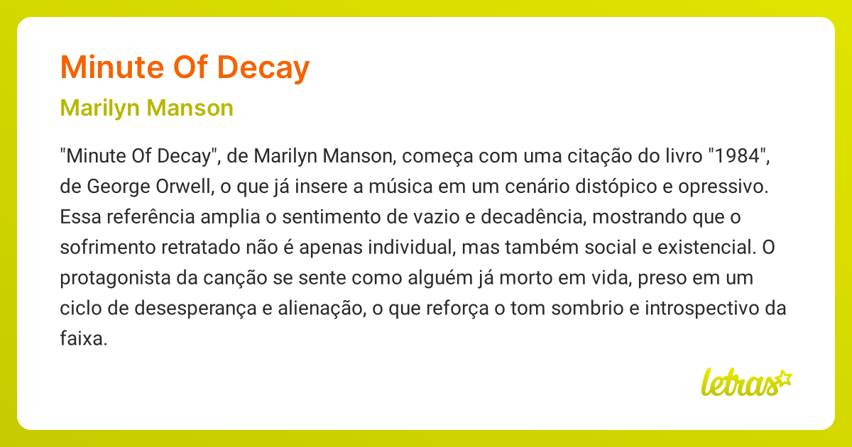 Significado da música MINUTE OF DECAY (Marilyn Manson) - LETRAS.MUS.BR