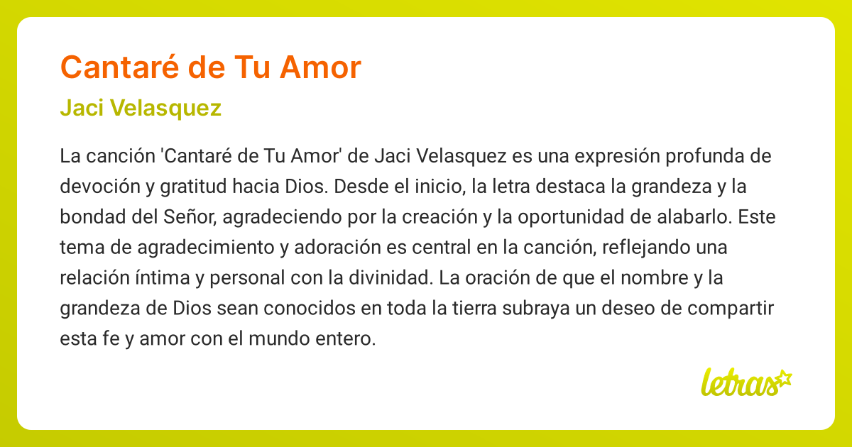 Significado de la canción CANTARÉ DE TU AMOR (Jaci Velasquez) - LETRAS.COM