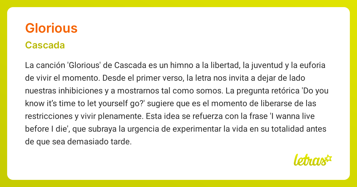 Significado de la canción GLORIOUS (Cascada) - LETRAS.COM