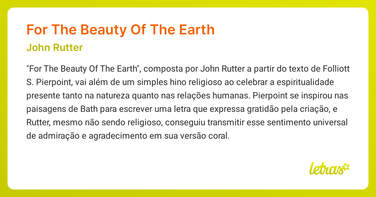 Significado da música FOR THE BEAUTY OF THE EARTH (John Rutter ...