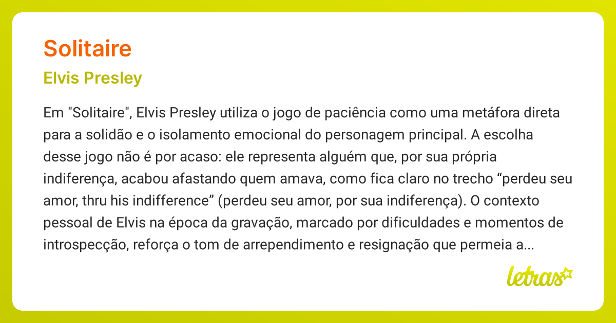 Significado da música SOLITAIRE (Elvis Presley) - LETRAS.MUS.BR
