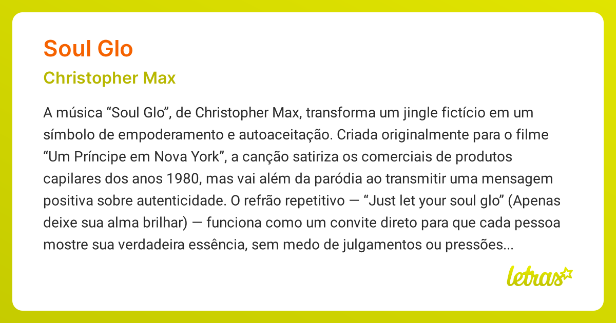 Significado da música SOUL GLO (Christopher Max) - LETRAS.MUS.BR