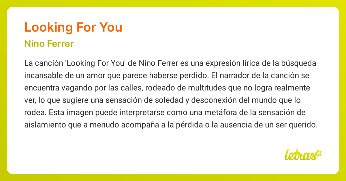 Significado de la canción LOOKING FOR YOU (Nino Ferrer) - LETRAS.COM
