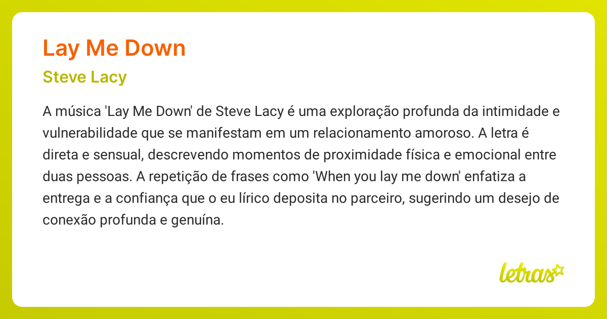 Significado da música LAY ME DOWN (Steve Lacy) - LETRAS.MUS.BR