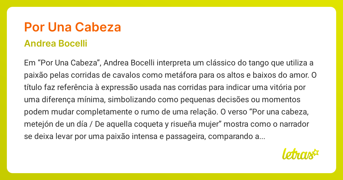 Significado da música POR UNA CABEZA (Andrea Bocelli) - LETRAS.MUS.BR