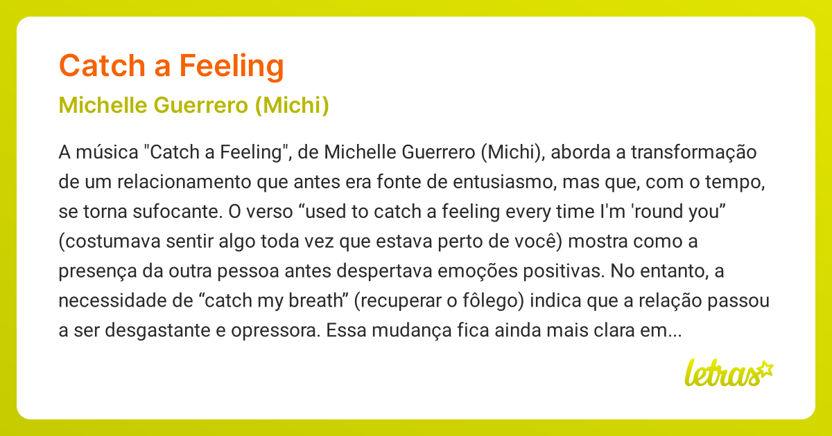 Significado da música CATCH A FEELING (Michelle Guerrero (Michi ...
