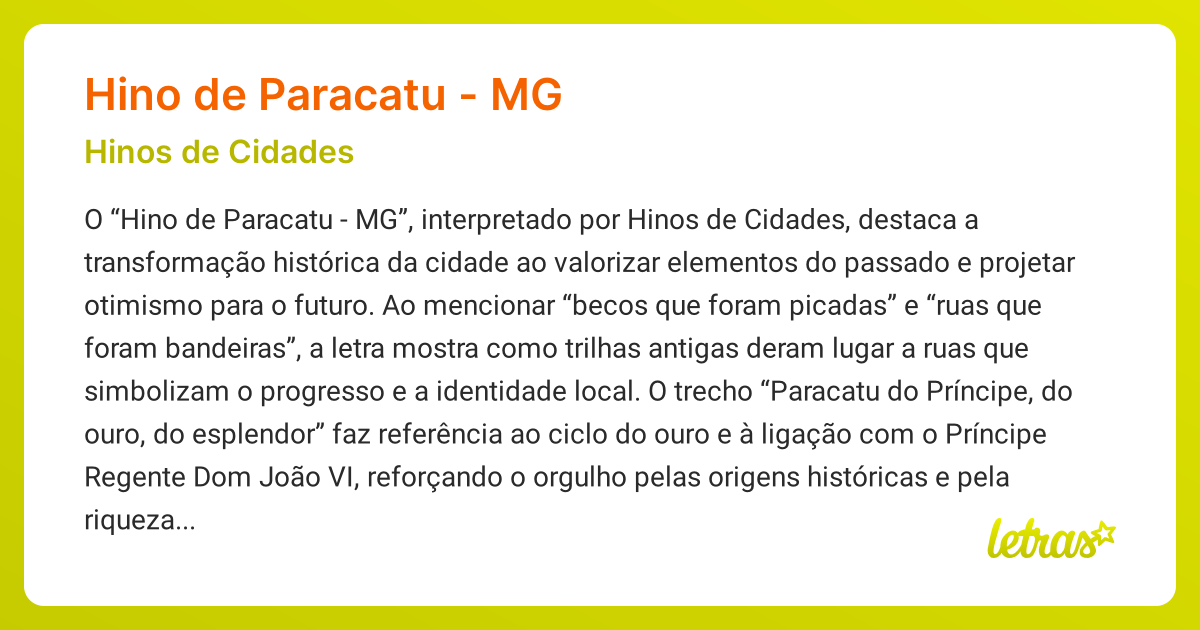 Significado da música HINO DE PARACATU - MG (Hinos de Cidades) - LETRAS ...
