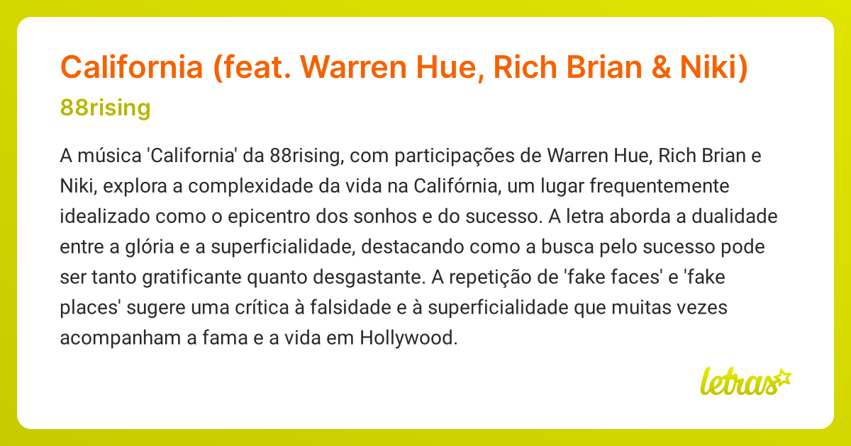 Significado da música California (feat. Warren Hue, Rich Brian & Niki ...
