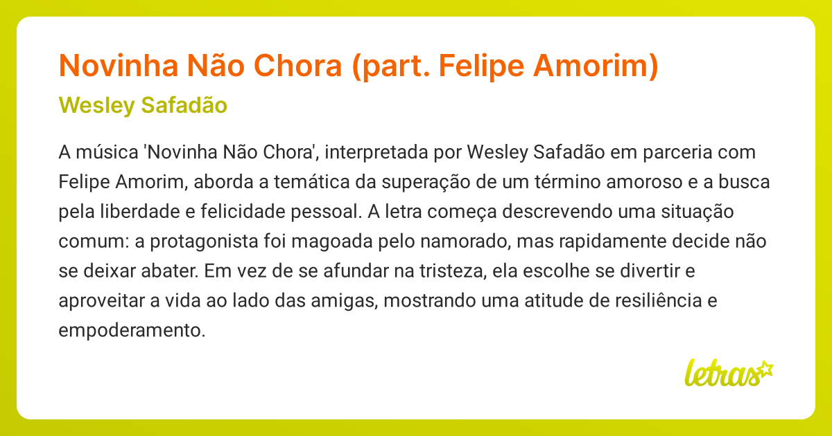 Significado Da Música Novinha Não Chora Part Felipe Amorim Wesley