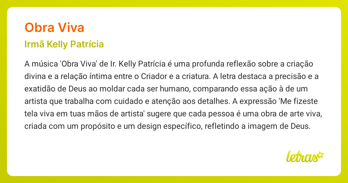 Significado da música OBRA VIVA (Irmã Kelly Patrícia) - LETRAS.MUS.BR