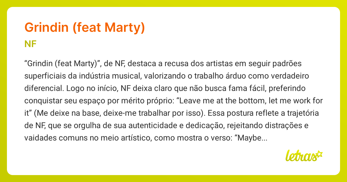 Significado da música GRINDIN (FEAT MARTY) (NF) - LETRAS.MUS.BR