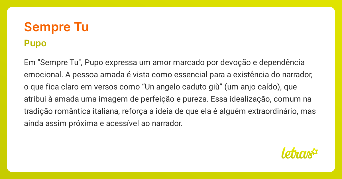 Significado da música SEMPRE TU (Pupo) - LETRAS.MUS.BR