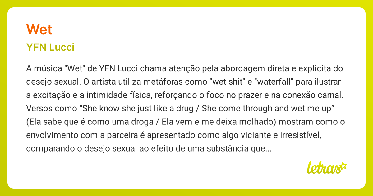 Significado da música WET (YFN Lucci) - LETRAS.MUS.BR