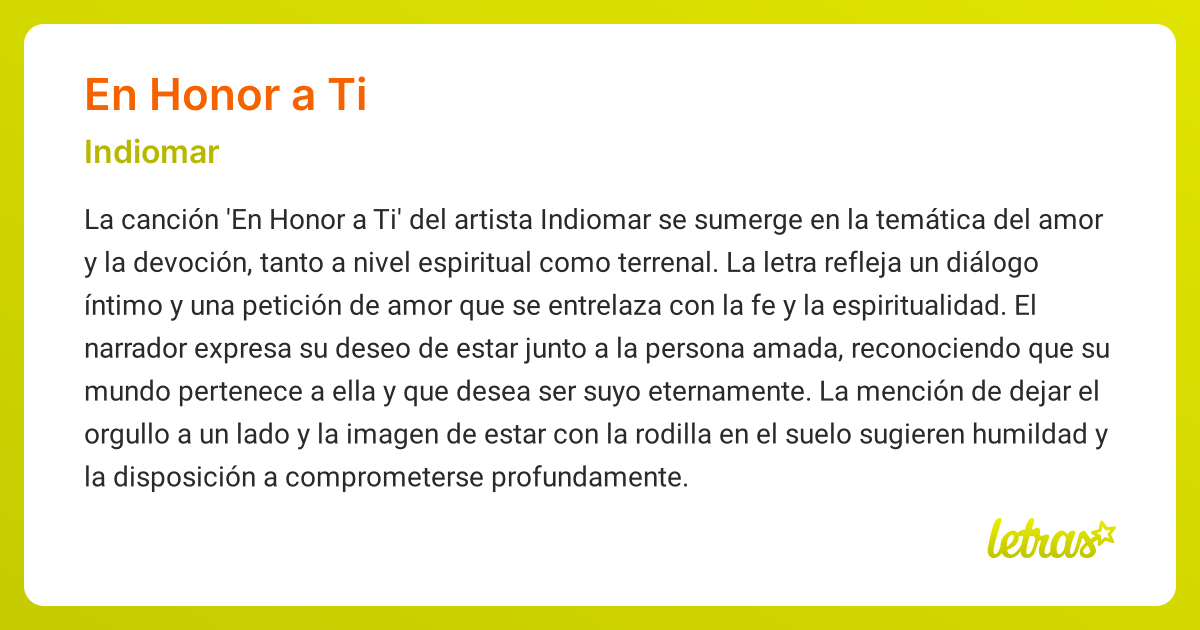 Significado de la canción EN HONOR A TI (Indiomar) - LETRAS.COM